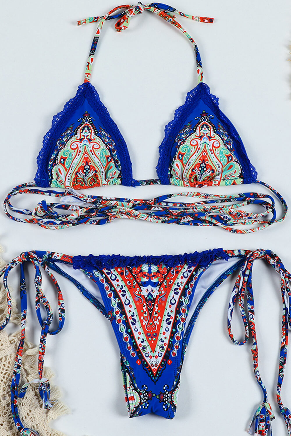 Royal Blue Print Triangle Wrap Tie Bikini Set With Frill Detailing Revneu
